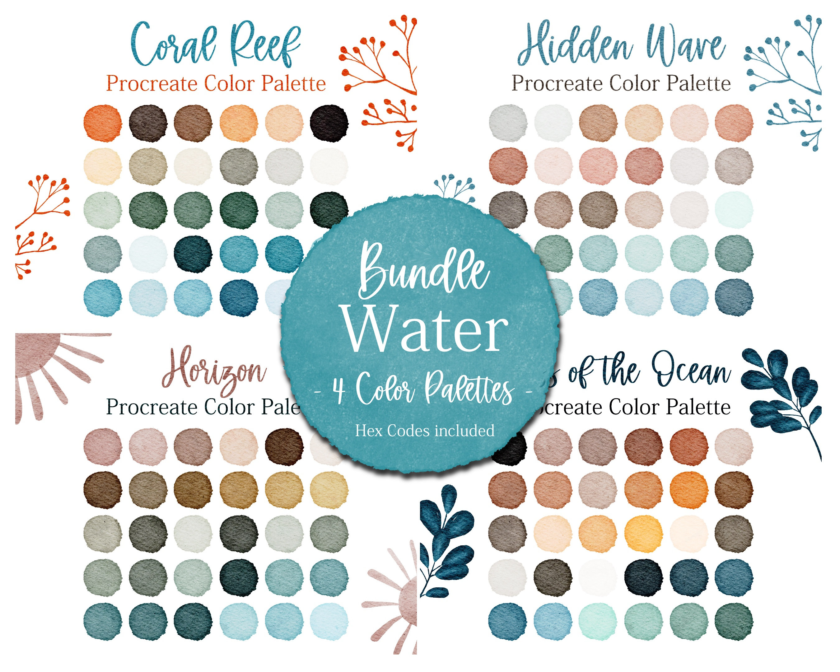 Water Colors Procreate Bundle Blue Tones Digital Palette Surfing Hex ...