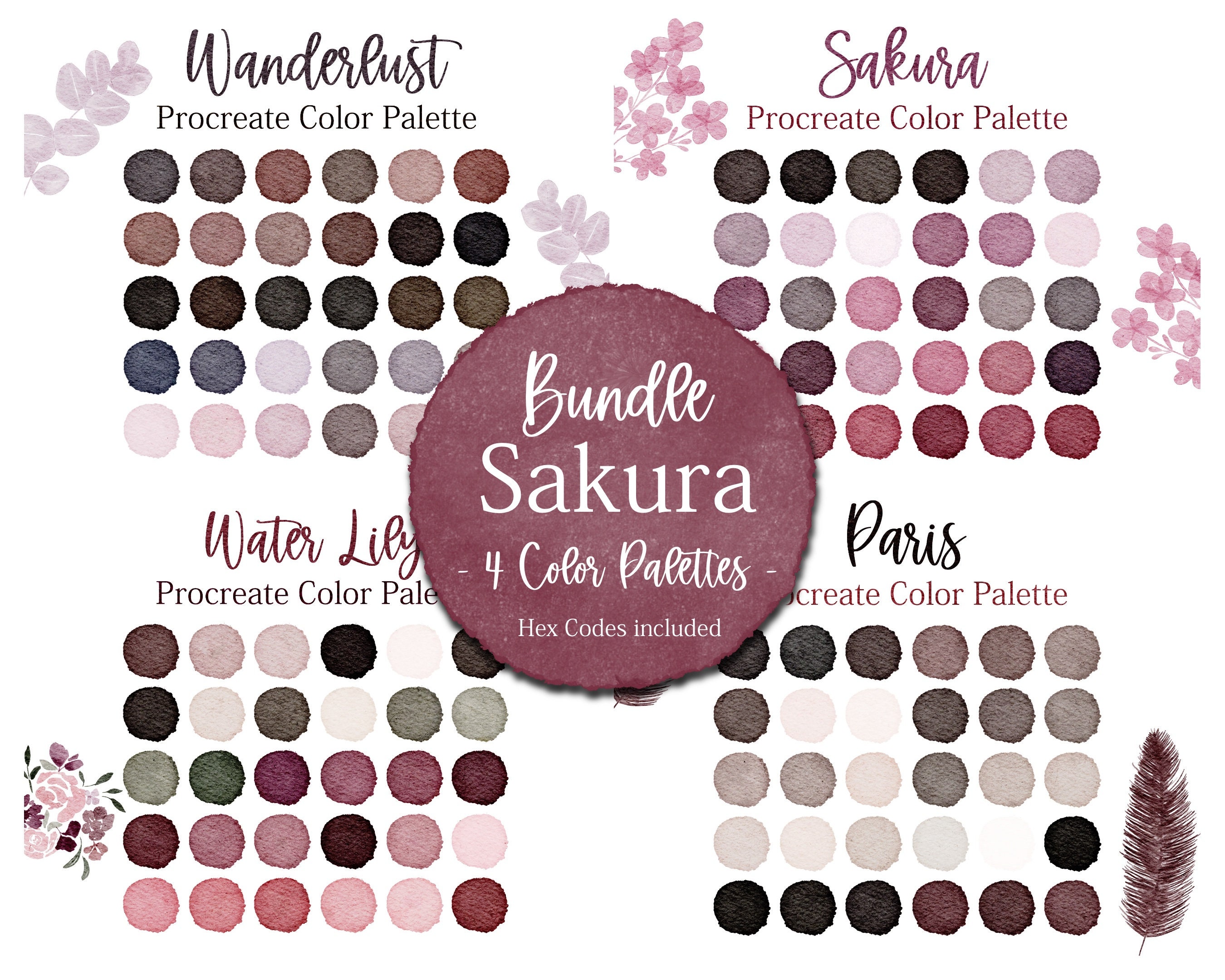 Sakura Color Palette Bundle Pink Colors Procreate Purple Palette Dark ...