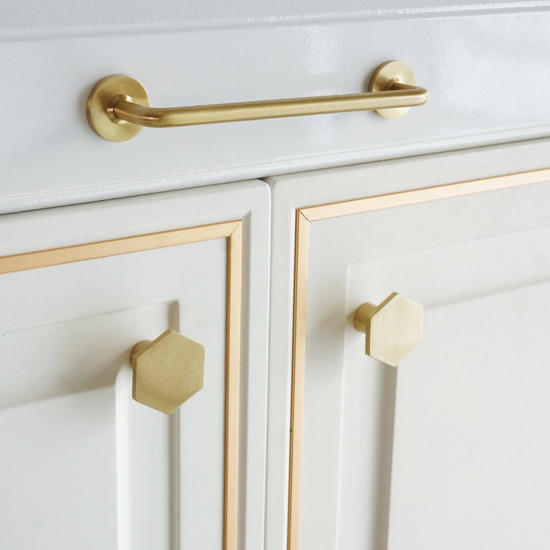 Solid Brass Hexagon Cabinet Knobs Kitchen Knobs Gold Drawer | Etsy