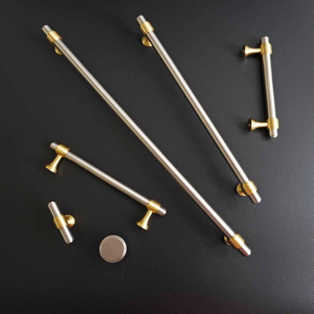 Brushed Silver & Gold T-bar Handle: Solid Brass Cabinet Knob - Etsy
