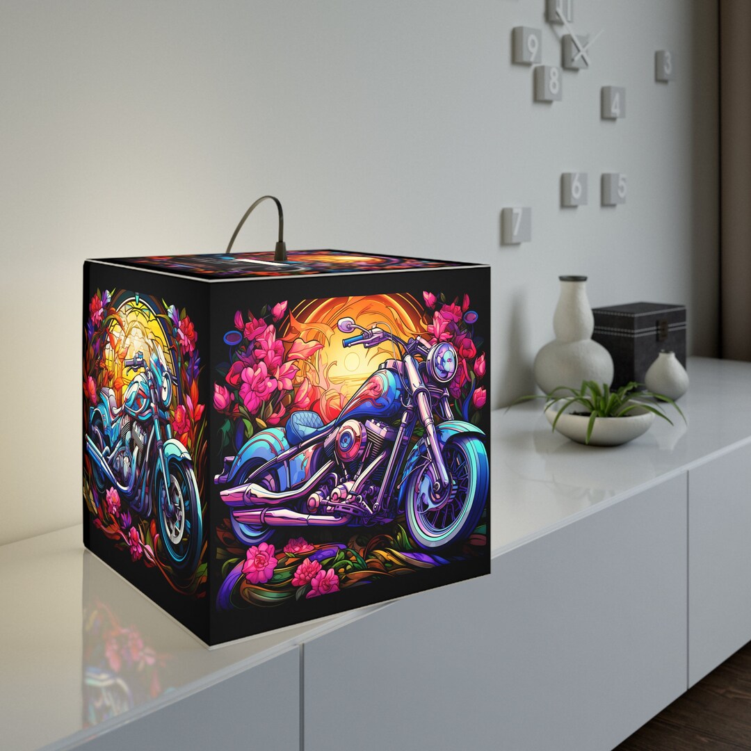 Motorcycles Stained Glass FX 2 Light Cube Lamp - Etsy
