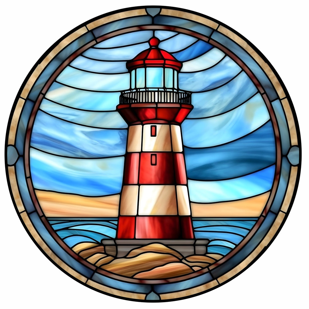 Lighthouse 3 Stained Glass graphic Simulated 10 Round Dye Sublimated ...