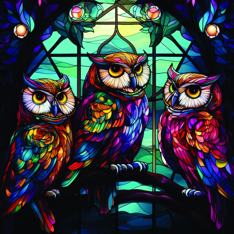 Stained Glass graphic Simulated Mystic Owls 7 12 X - Etsy