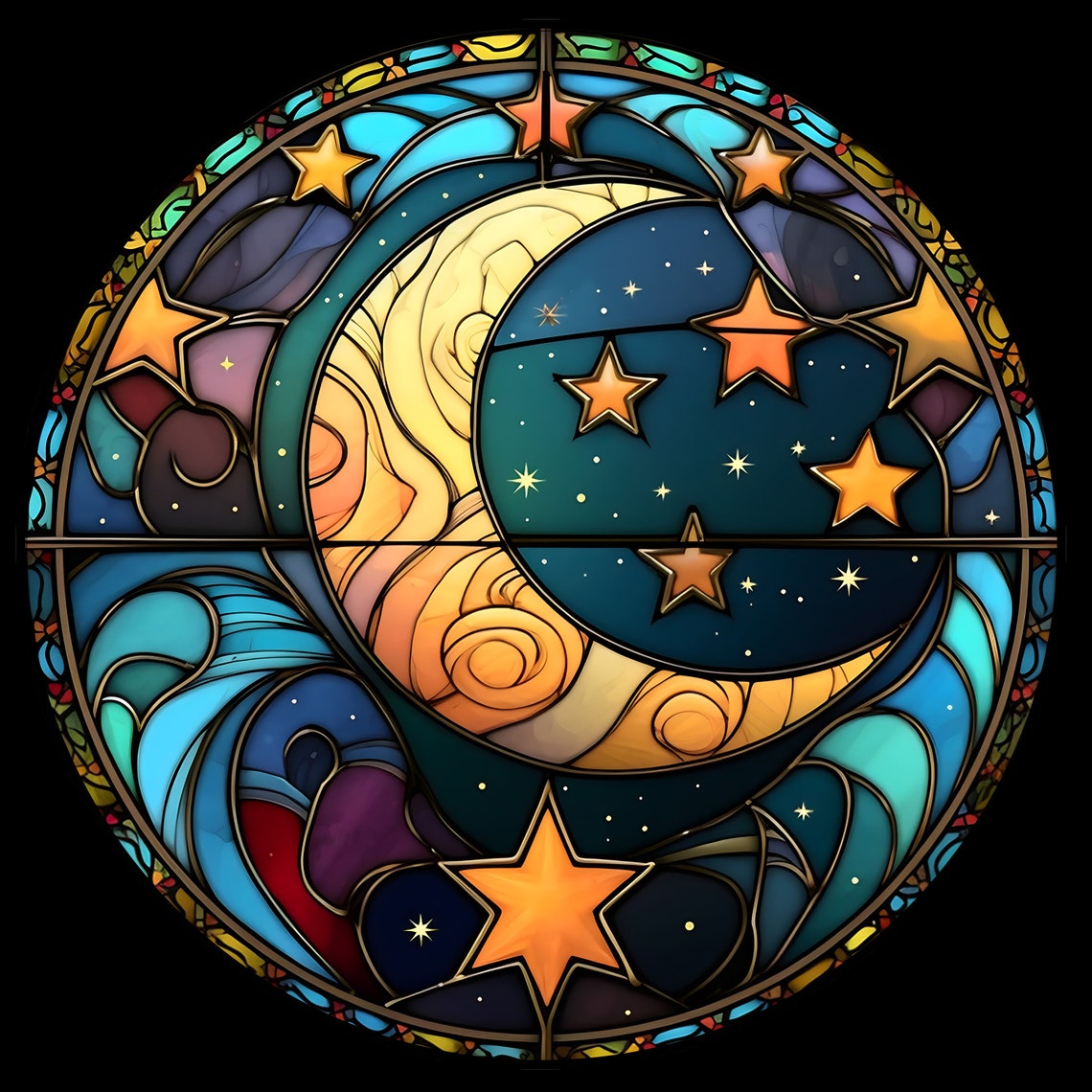 Moon & Stars 3 Stained Glass graphic Simulated 10 - Etsy