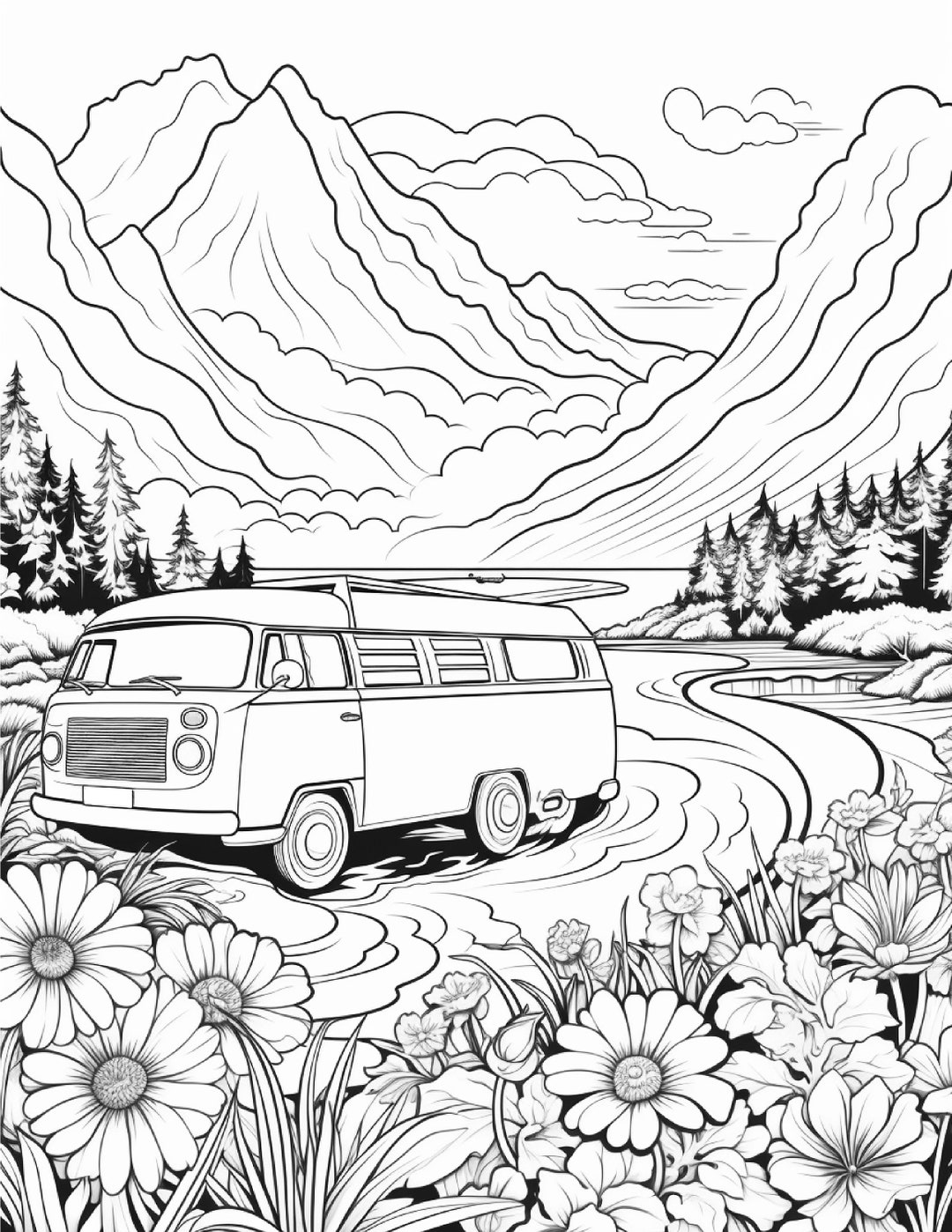 VW Micro Bus Camping Adventures Series 36-40 Coloring Pages 8x11 - Etsy