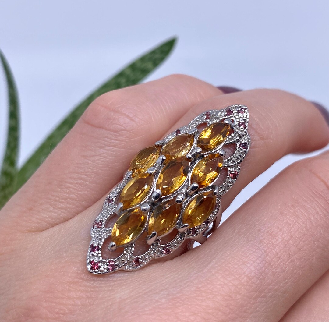 Ring met natuurlijke citrien en saffier, sterlingzilver 925, maat 8US ...