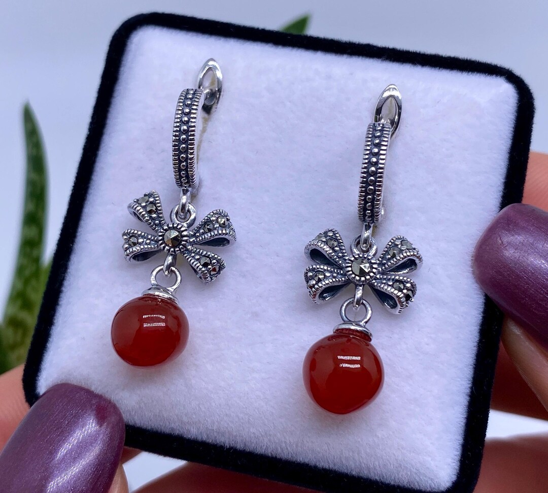 Natural Red Agate and Marcasite Gemstones Earrings, Sterling Silver 925 ...
