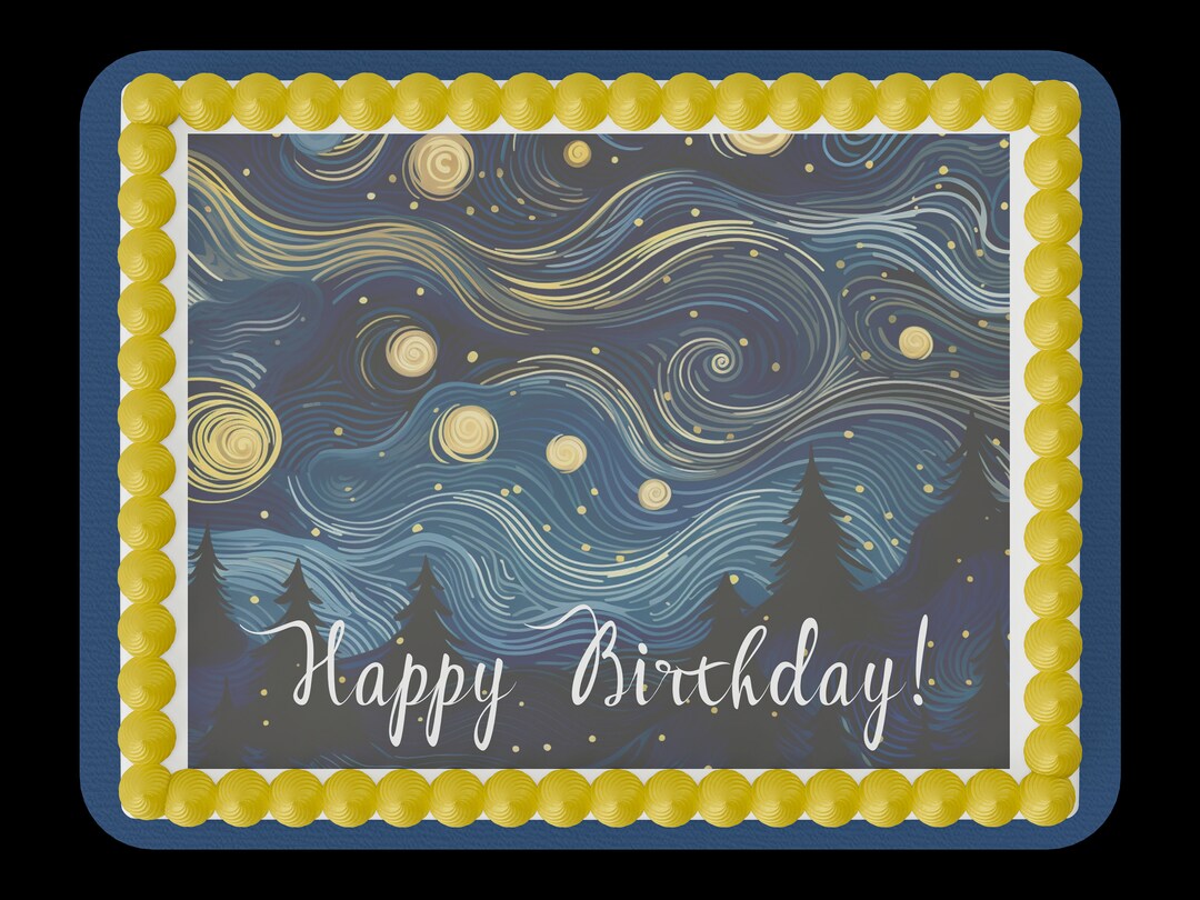 Starry Night Inspired Abstract Happy Birthday Edible Icing Sheets ...