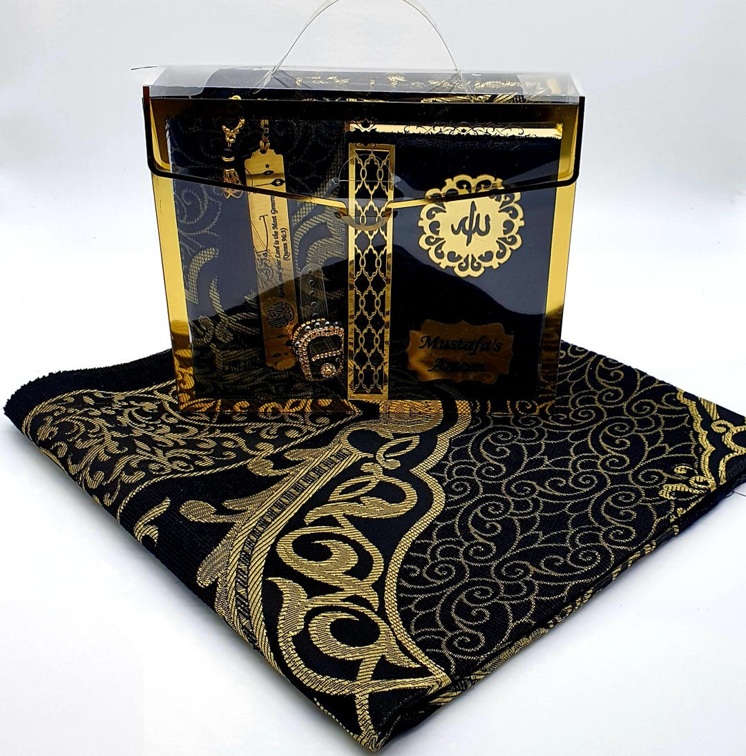 Black Personalized Prayer Rug Quran Yaseen Gift Set -islamic Prayer ...
