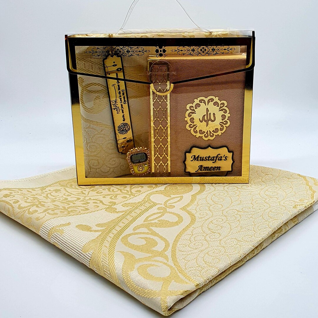 Gold Personalized Prayer Rug Quran Yaseen Gift Set -islamic Prayer Rugs ...