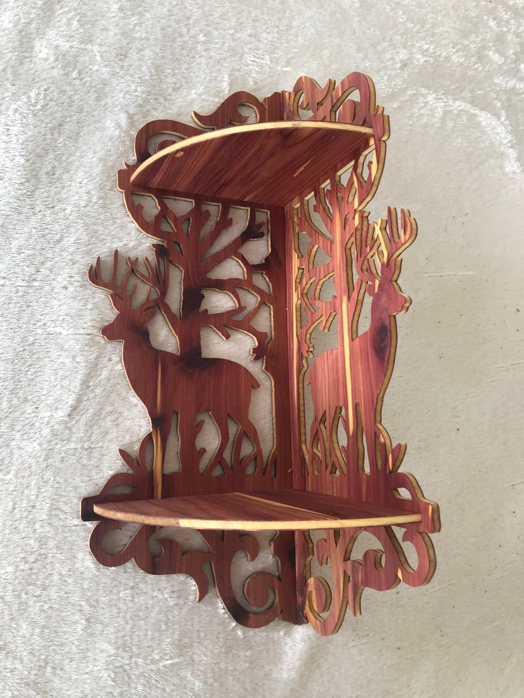 Red Cedar 2 Shelf Wildlife Victorian Fretwork Corner Wall Shelf. 17 1/4 ...
