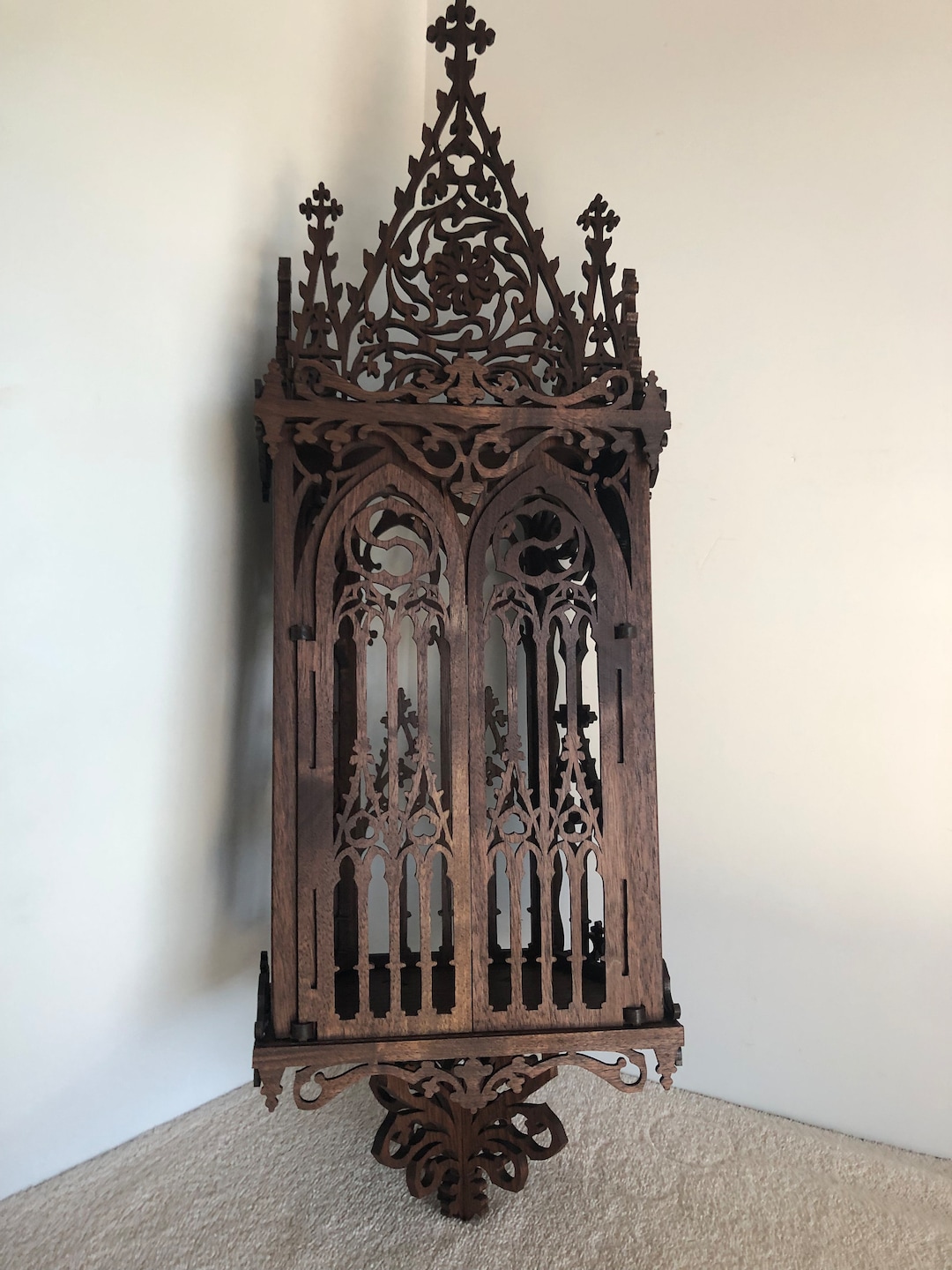 Handmade Walnut Gothic Niche Wall Shelf: Victorian Cathedral Fretwork ...
