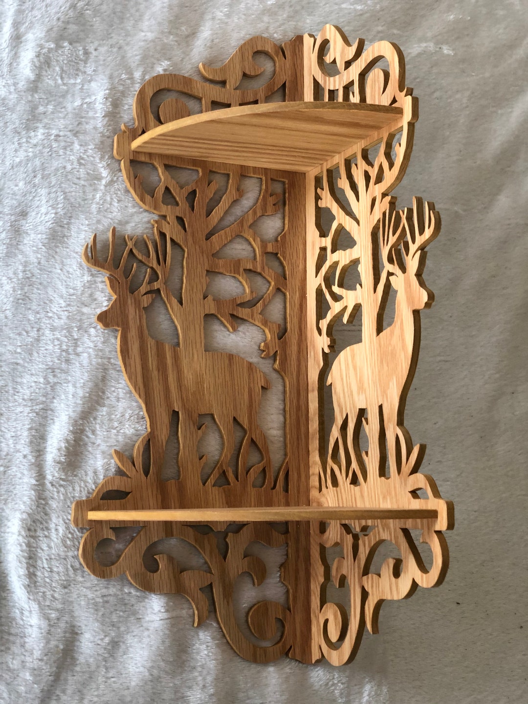 Oak Victorian Fretwork Wildlife Design Corner Wall Shelf Display. 17 1/ ...