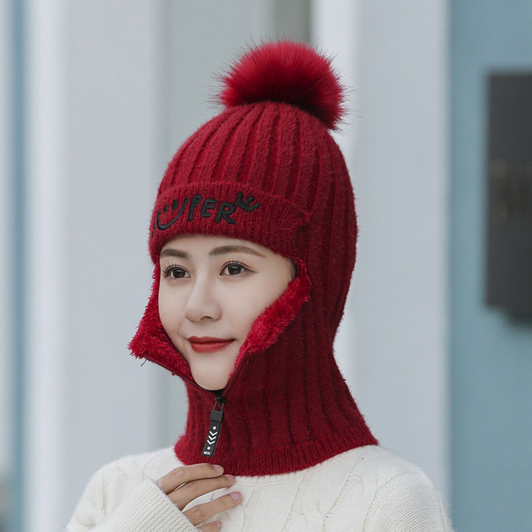 Velvet Woolen Women Winter Hat and Neck Warmer With Zipper Wool Girls ...