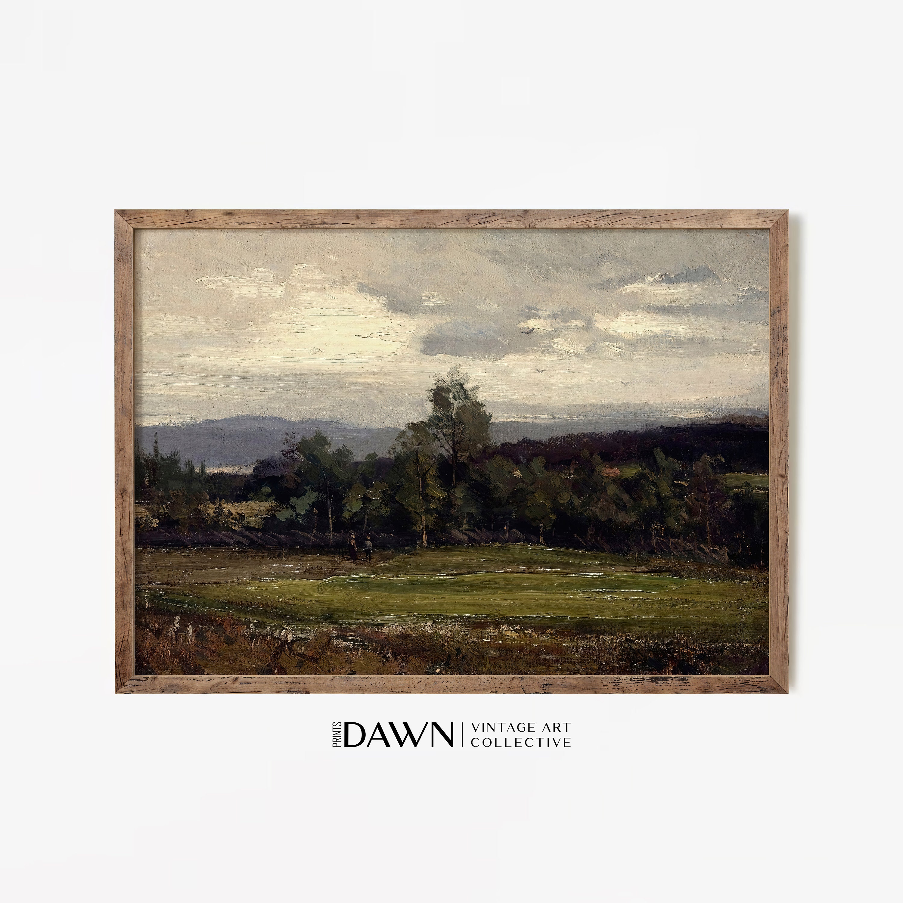 Dark Green Field Landscape Painting Moody Nature Scenery Print Vintage ...