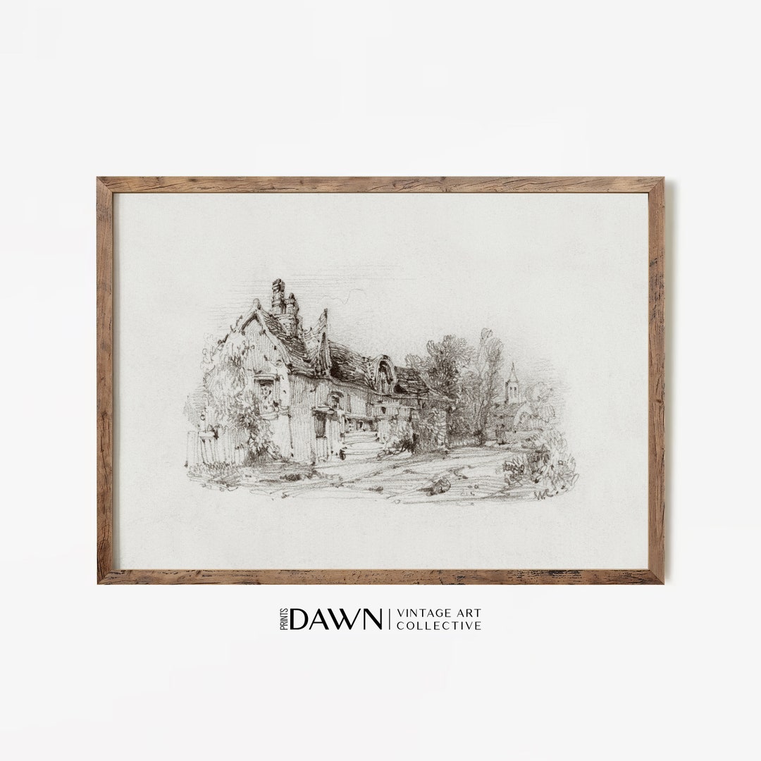 Cottage Landscape Drawing Farmhouse Sketch Countryside Print Vintage ...