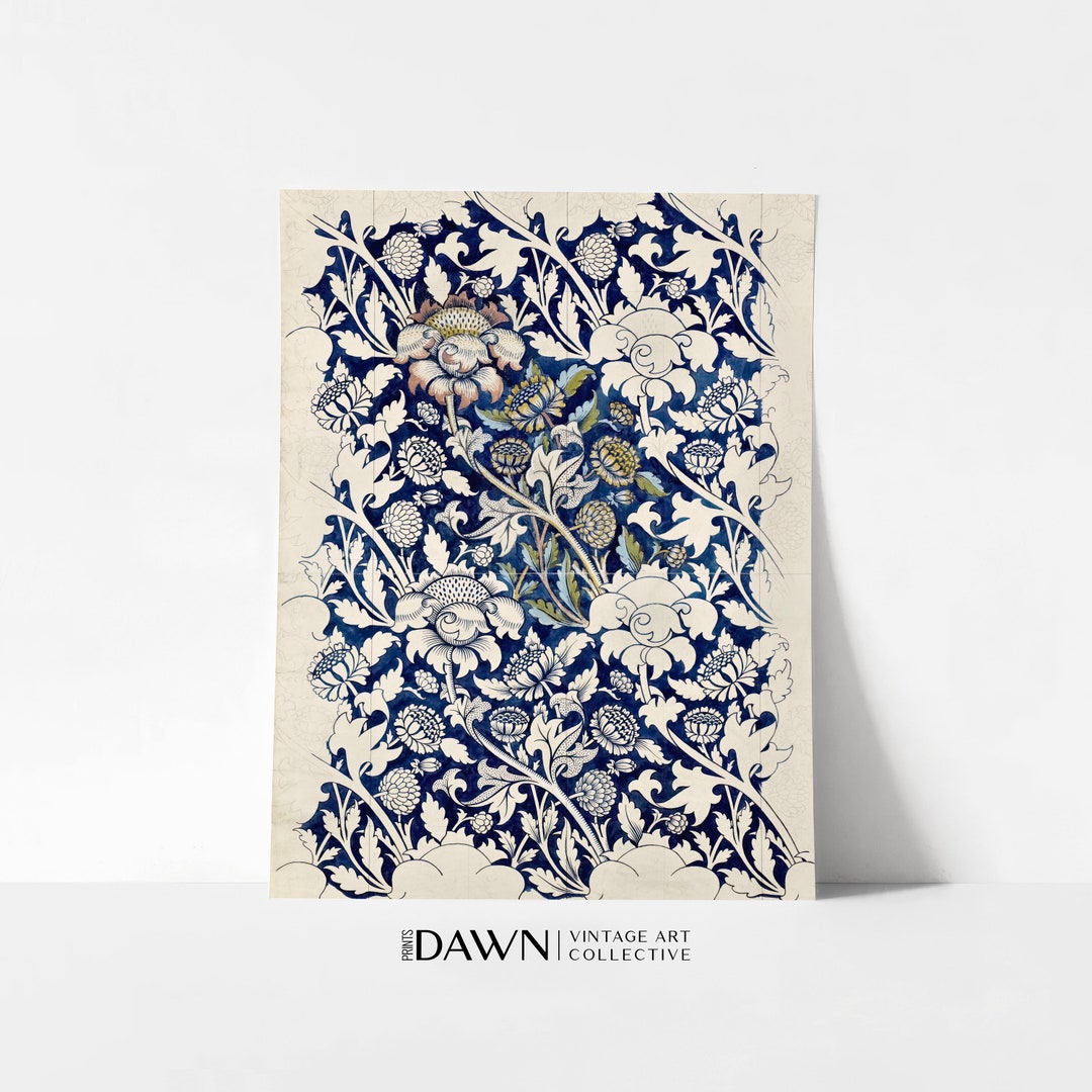 Blue & Cream Floral Textile Print Botanical Tapestry Wall Art Flower ...