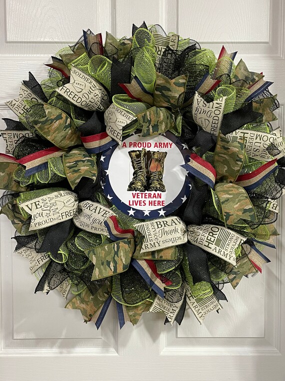 A Proud Army Veteran Lives Here Wreath Deco Mesh Wreaths for | Etsy