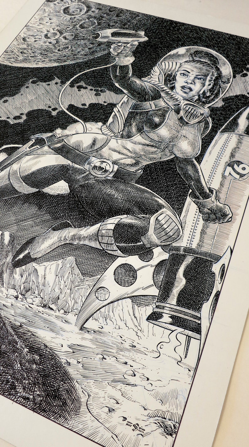 Space Girl 1 Illustration Original Black And White Art Sci Etsy