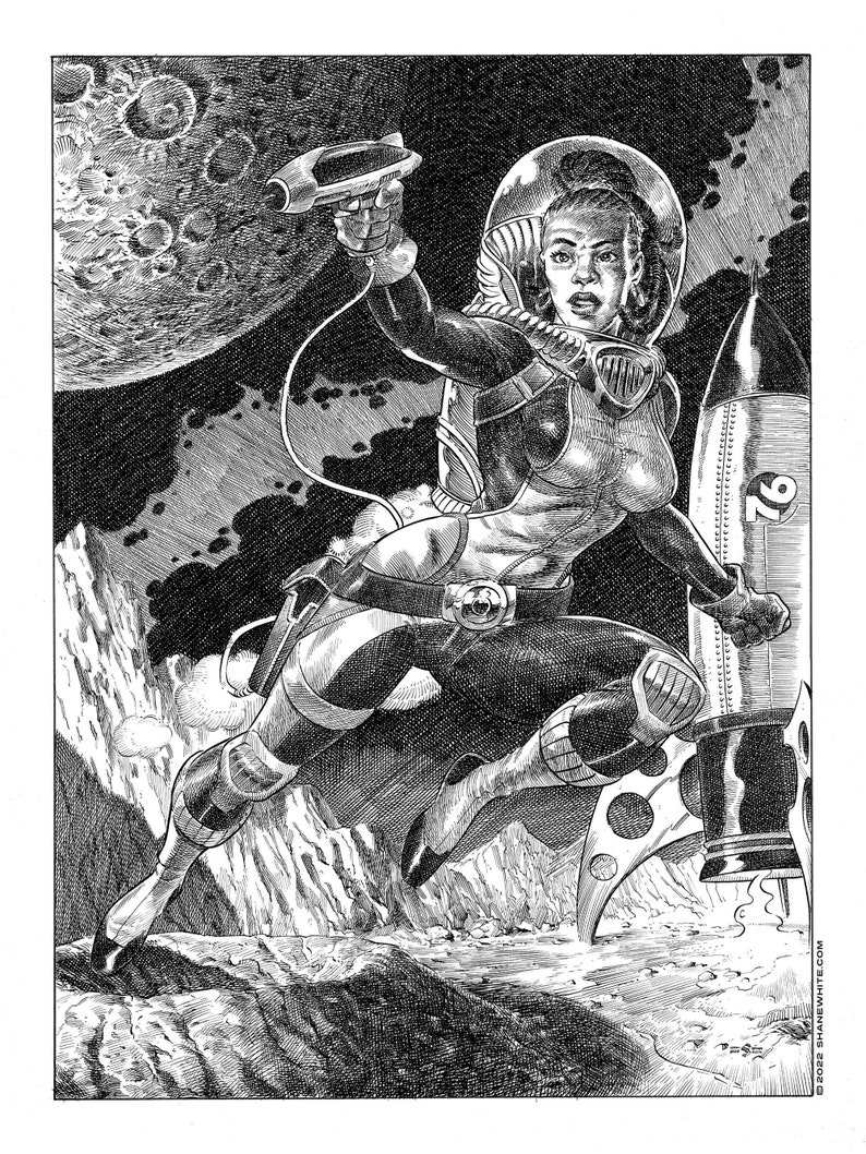 Space Girl 1 Illustration Original Black And White Art Sci Etsy