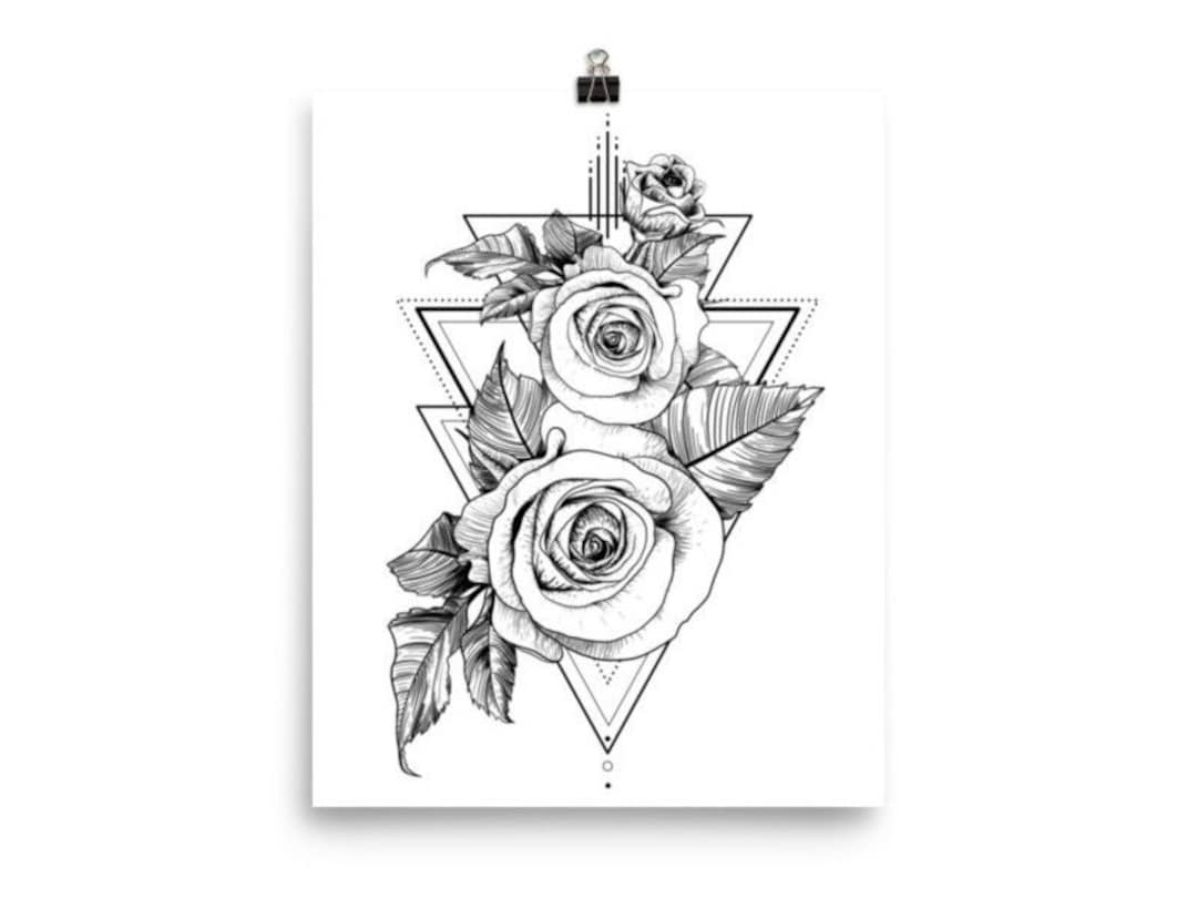 Floral Tattoo Print - Roses With Geometric Tattoo Style Details - Black ...