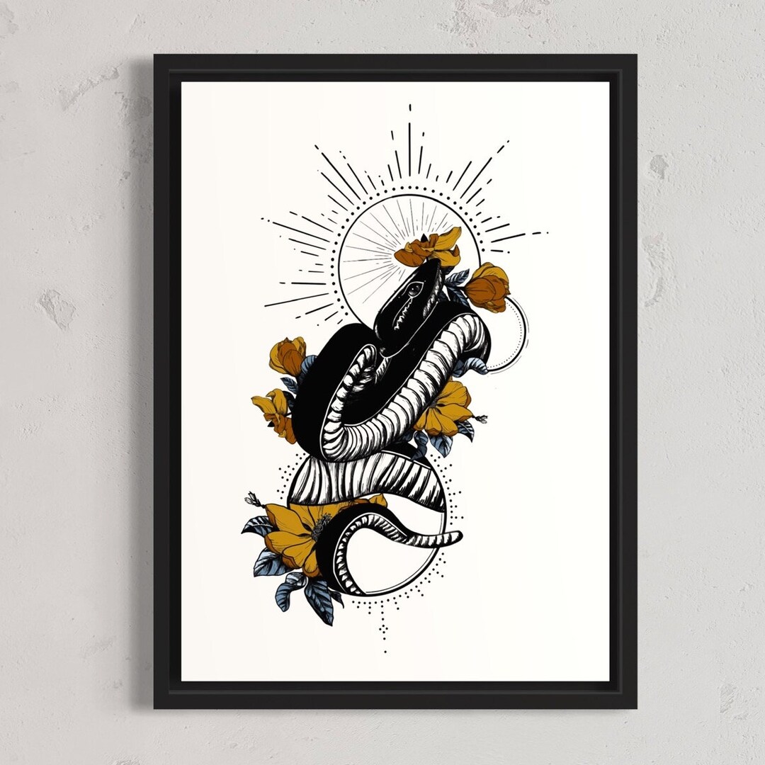 Snake Tattoo Print - Tattoo Design With a Serpent, Floral and Geometric ...