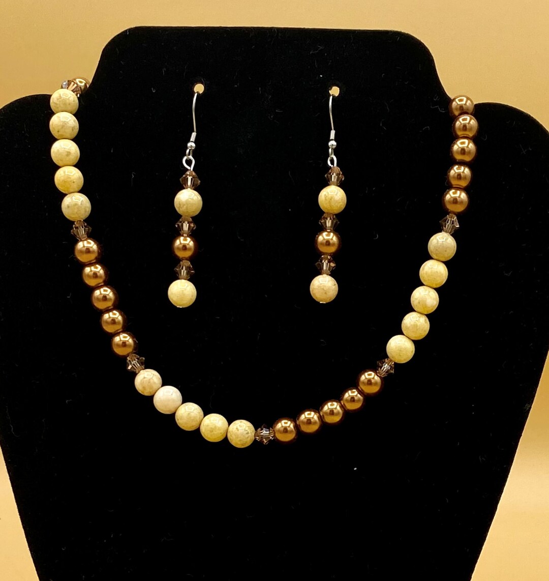 Beige Riverstone Gemstone Necklace Earring & Bracelet Set Copper Glass ...