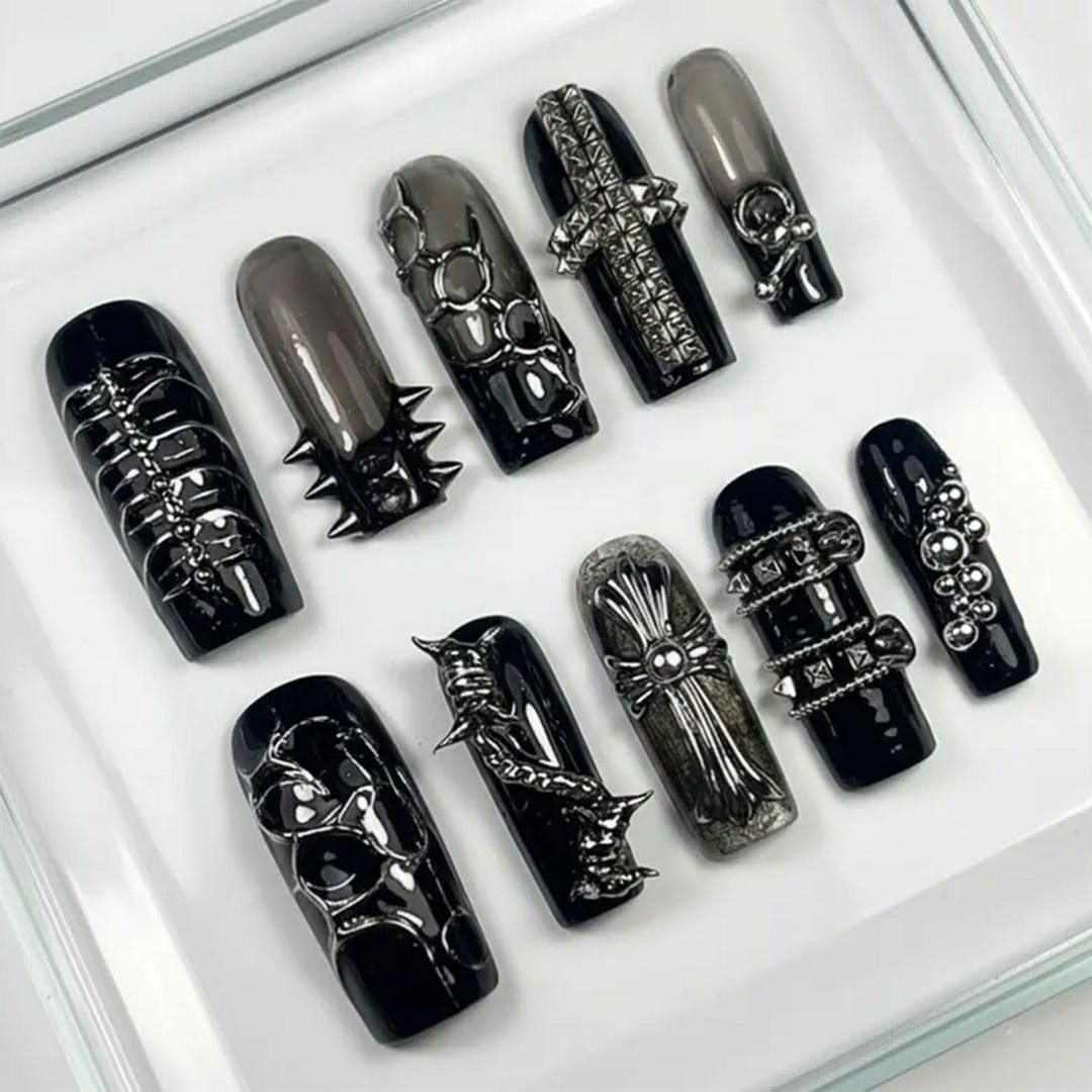 Handmade Black Punk Press on Nails | 3D Chrome Spikes & Chains | Gothic ...