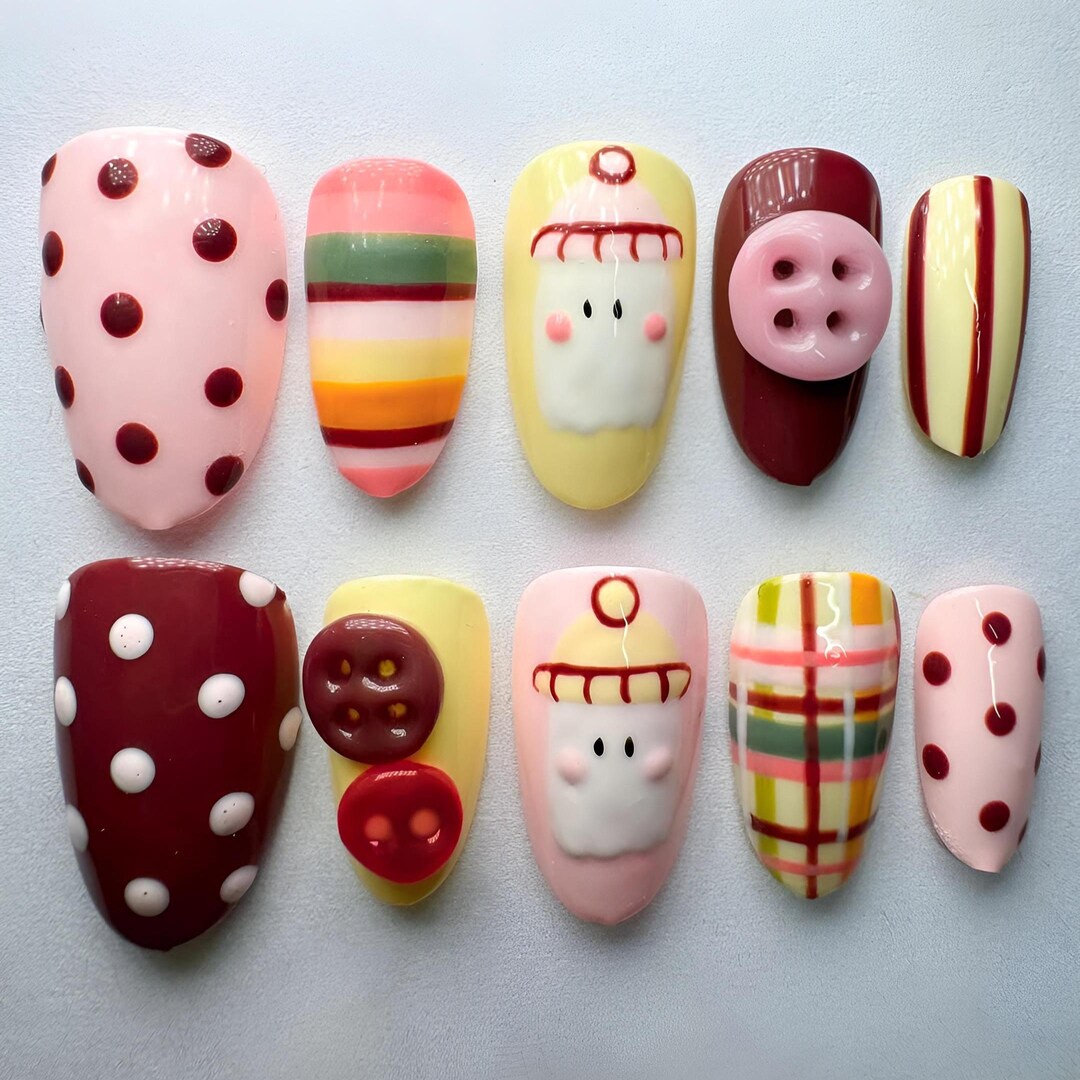 Vintage Button Press on Nails | Cute Polka Dot & Stripe Pattern | 3D ...