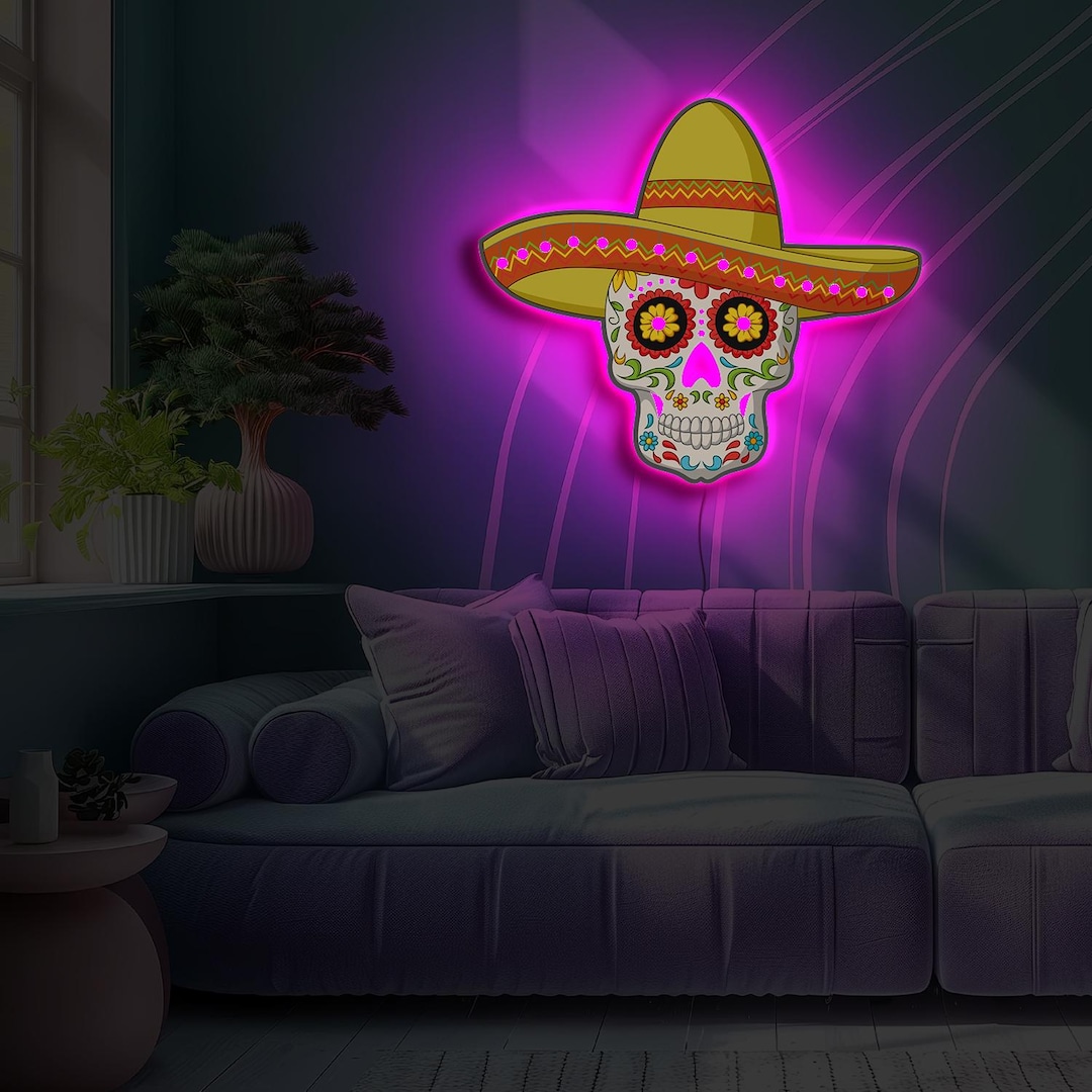 Sugar Skull Neon Sign, Skull Led Sign, Mexican Hat Light up Sign, Sugar ...