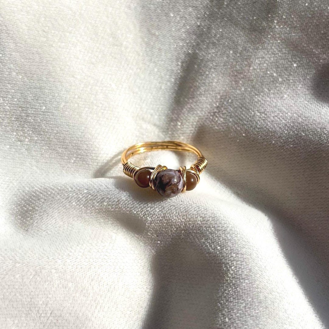 Earthy Brown & Tan Wire Wrapped Bead Ring- Size 6 Gold Wire - Etsy