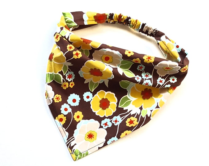 Retro Floral Print in Brown Triangle Headscarf With Elastic Back, 100% ...