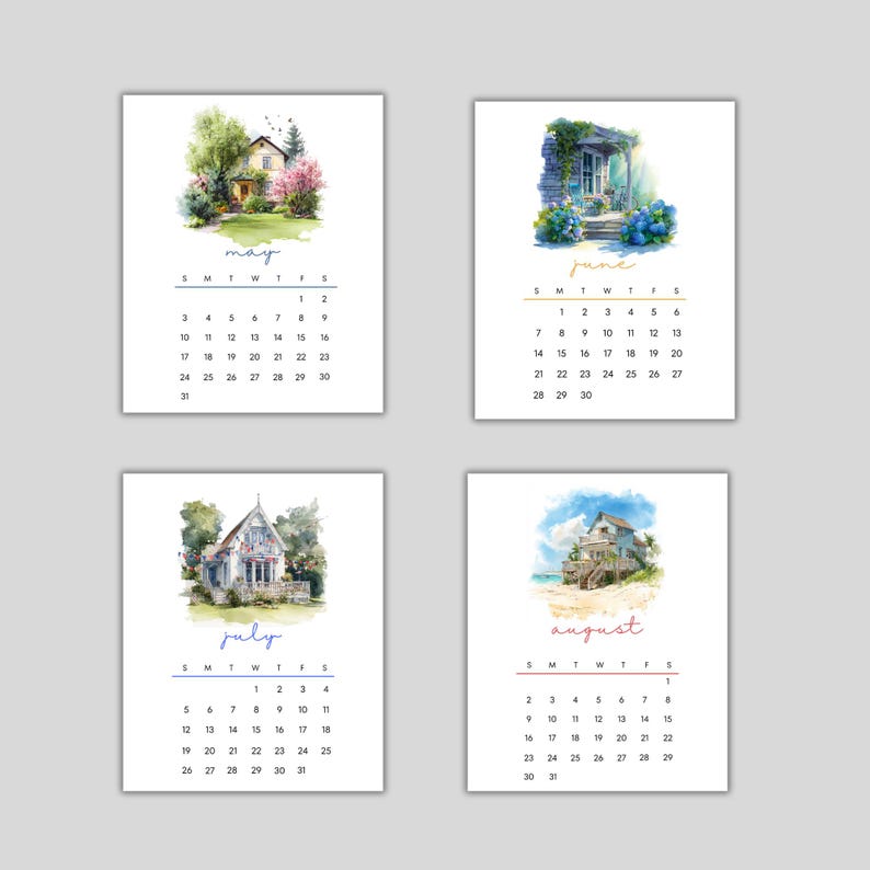 2026 Desktop Calendar Printable, Watercolor Houses Calendar - Etsy