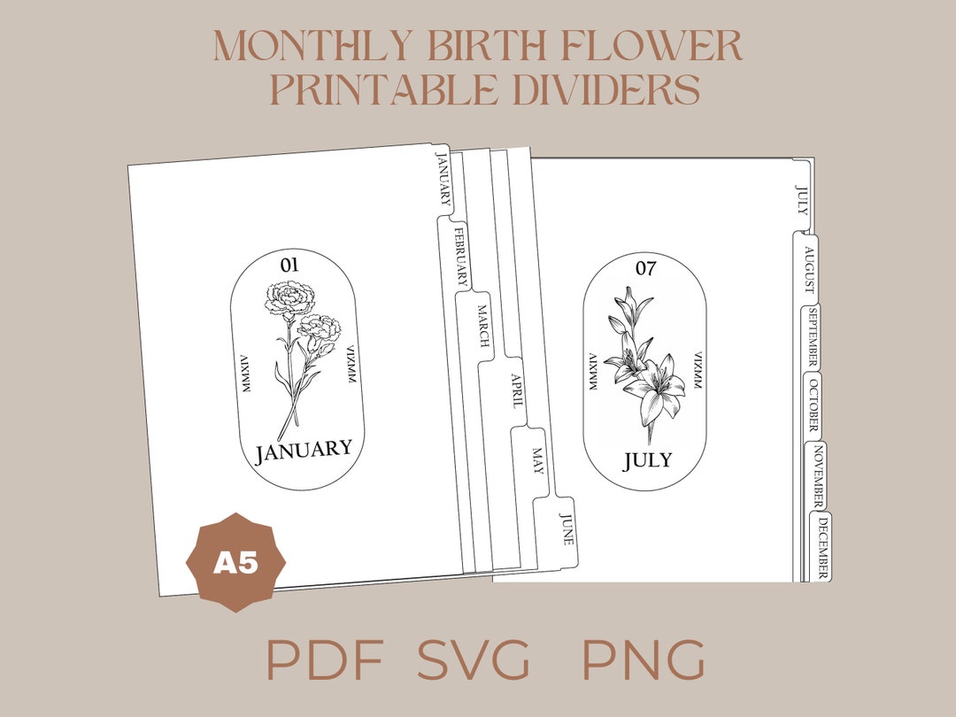 A5 Printable Planner Dividers, Birth Month Flower Printable Planner ...