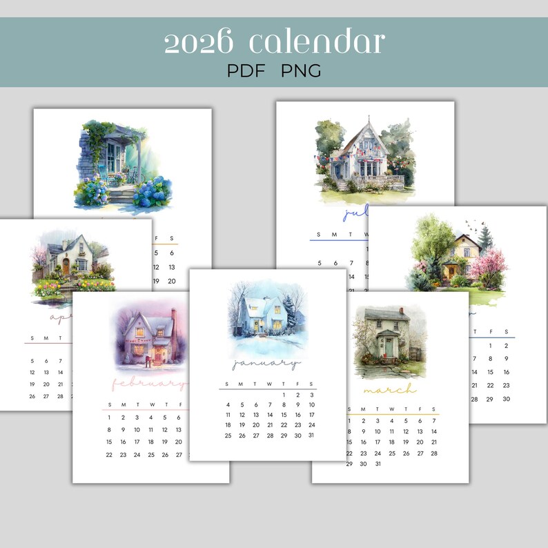 2026 Desktop Calendar Printable, Watercolor Houses Calendar - Etsy ...