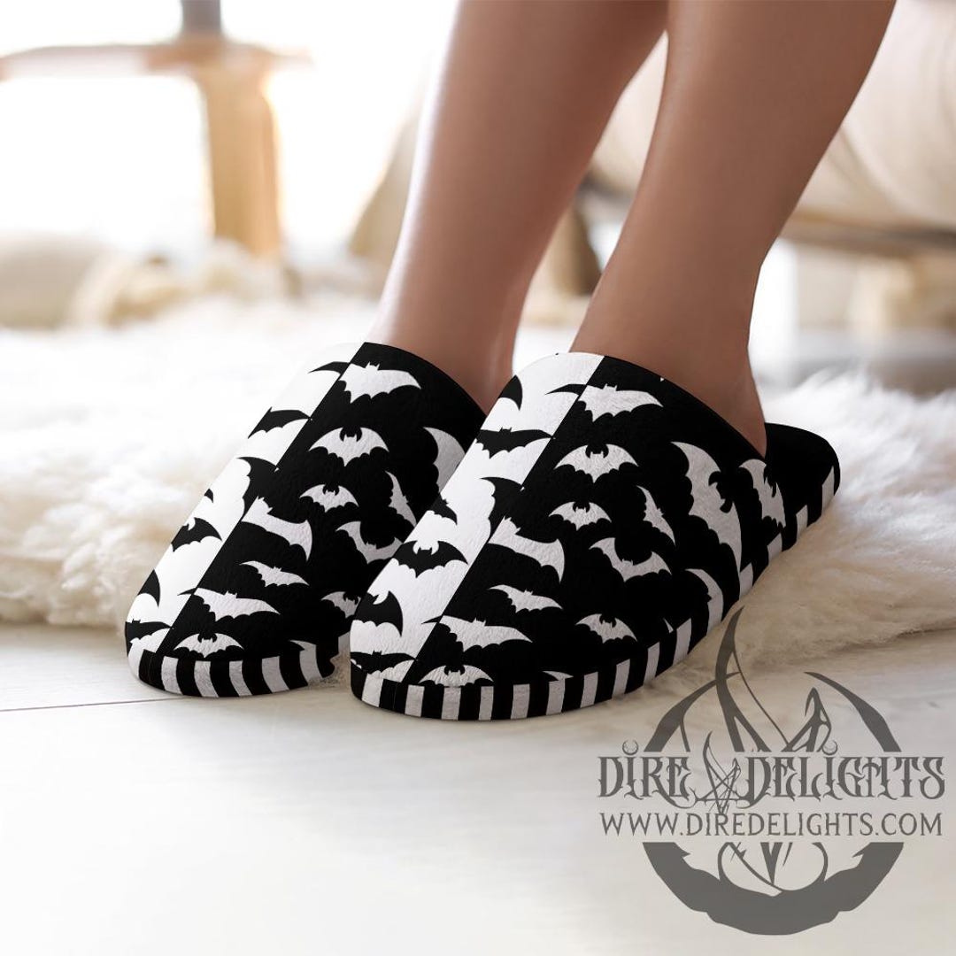 Gothic Swarm of Bats Slippers, Two Tone Warm Plush Slippers, Goth ...