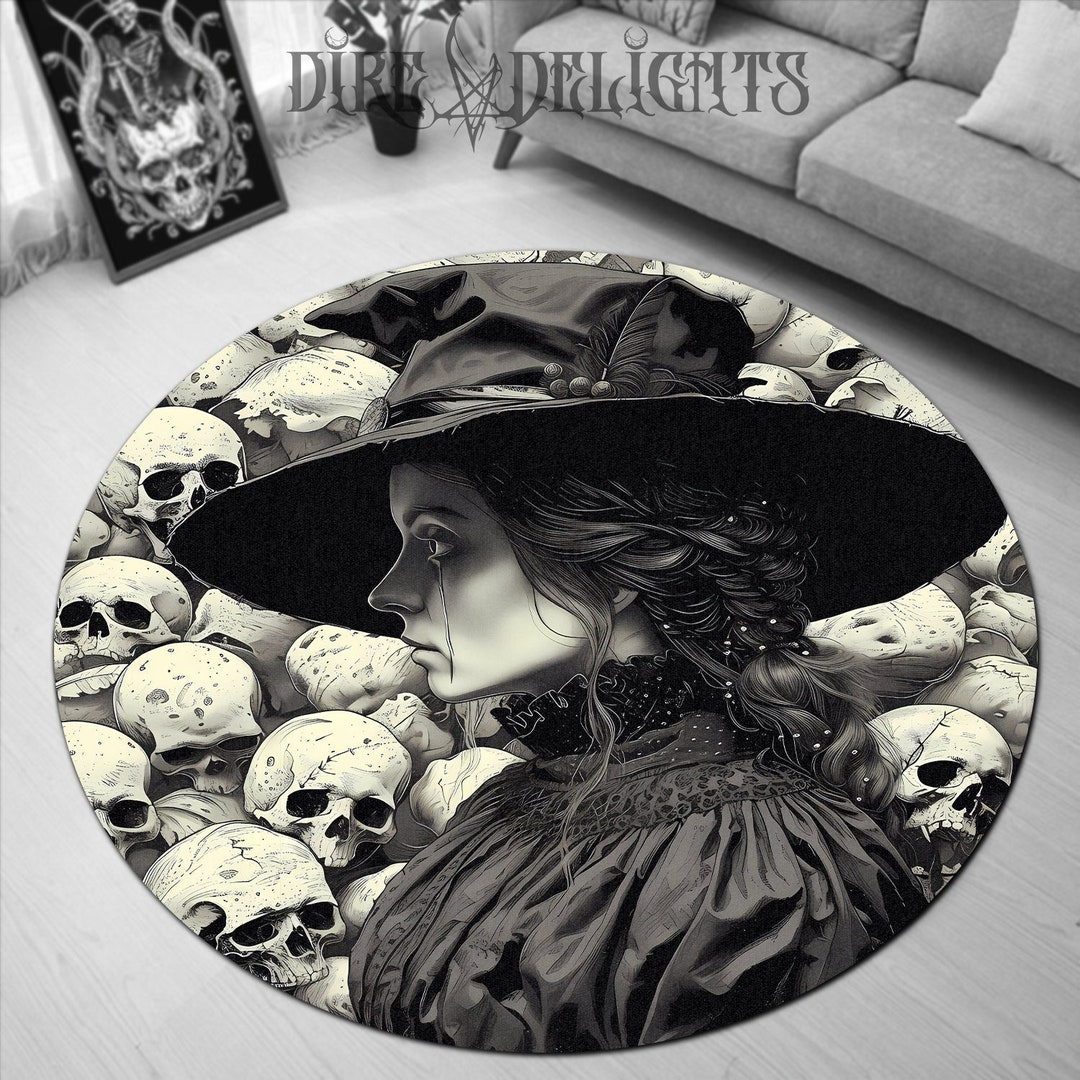 Gothic Witch Trials Carpet, Skullscape Round Rug, Black and White Witch ...