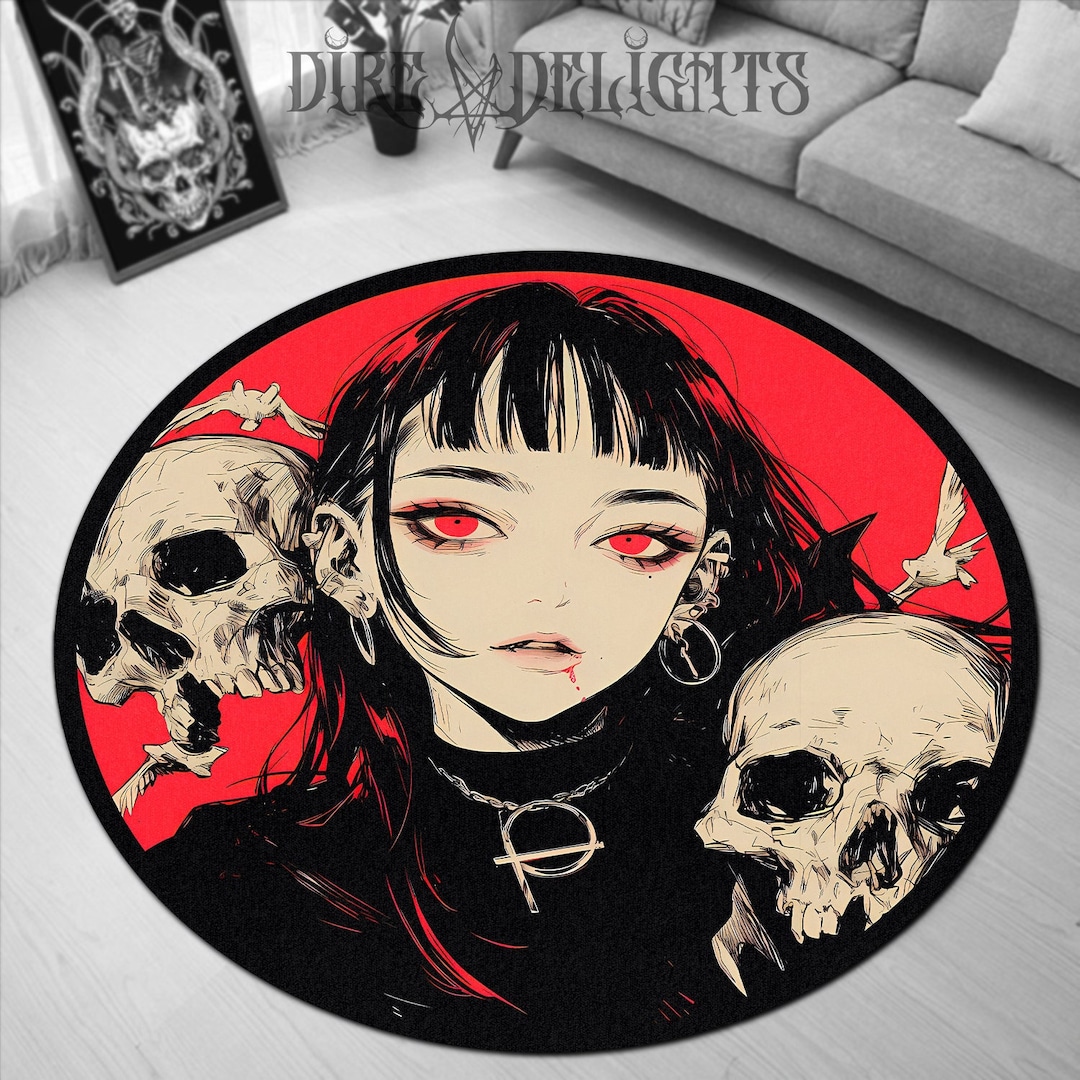 Gothic Vampire Anime Skull Girl Round Rug, Red Eyes Demoness Floor Mat ...
