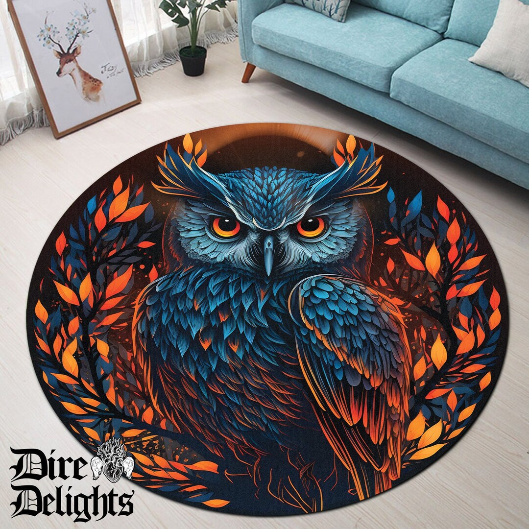 Majestic Owl Floor Mat, Fantasy Tree Branch Carpet, Blue and Orange ...