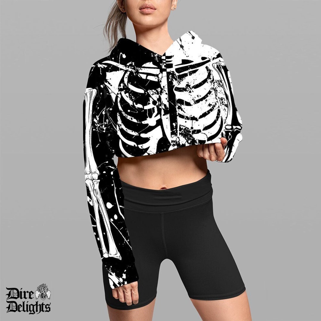 Goth Skeleton Bleach Velvet Crop Hoodie, Bones Cropped Top,punk ...