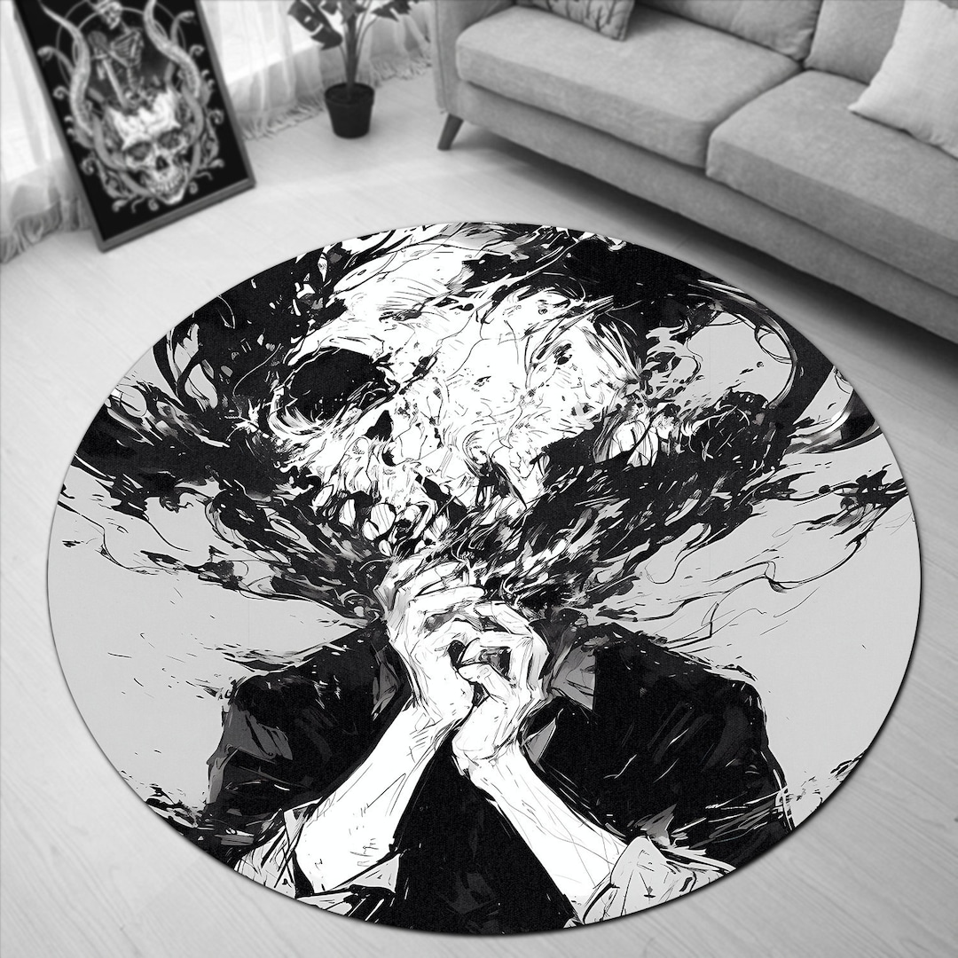 Horror Manga Round Rug, Skull Face Horror Floor Mat, Unsettling Goth ...