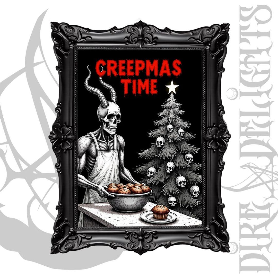 Digital Baphomet Baking Muffins Poster, Funny Skeleton Creepmas Time ...
