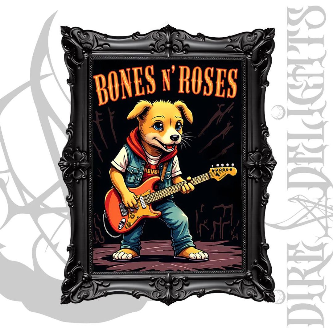 Digital Bones N' Roses Poster, Funny Puppy Playing Electric Guitar ...
