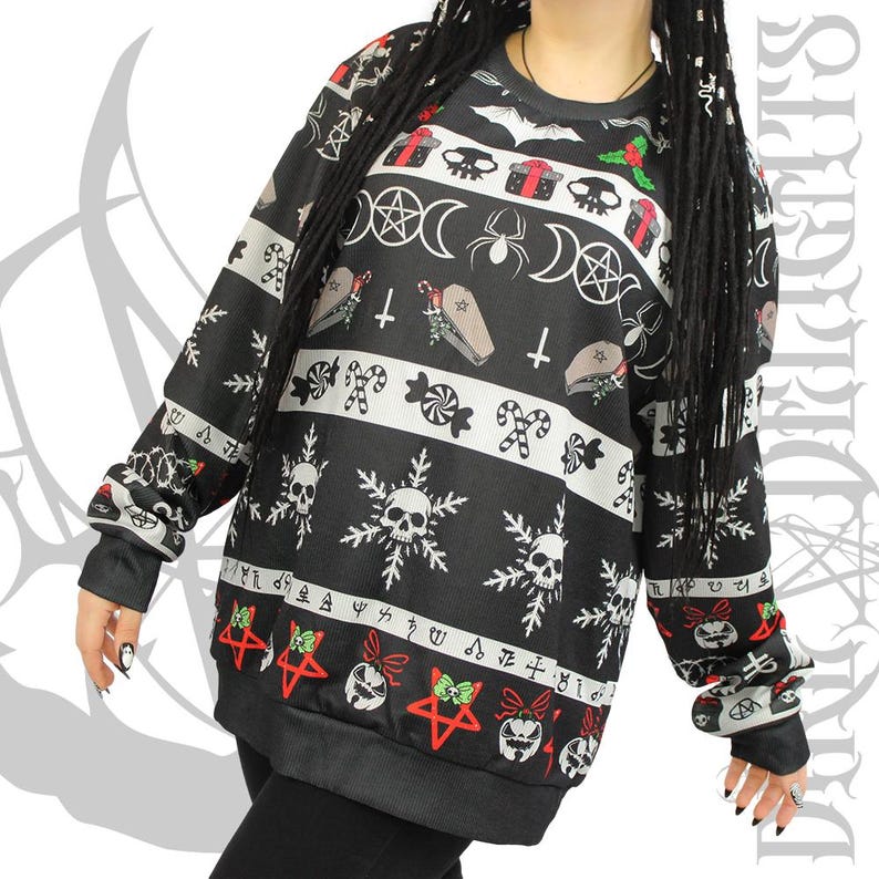 Goth Christmas Sweater, Spooky Ugly Xmas Jumper, Occult Skulls Coffins ...