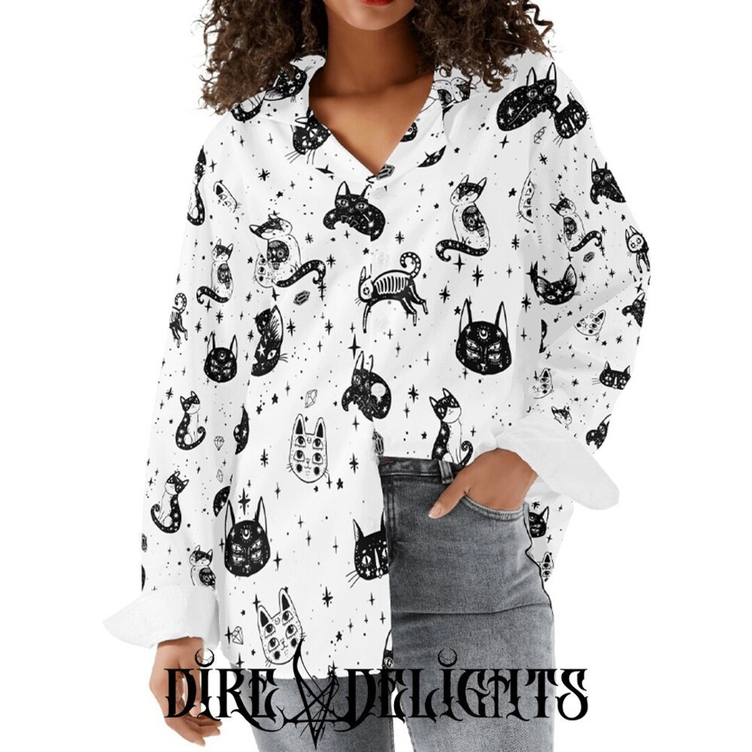 Celestial Cats White Goth Long Shirt,death Cats and Runes Top,women's ...