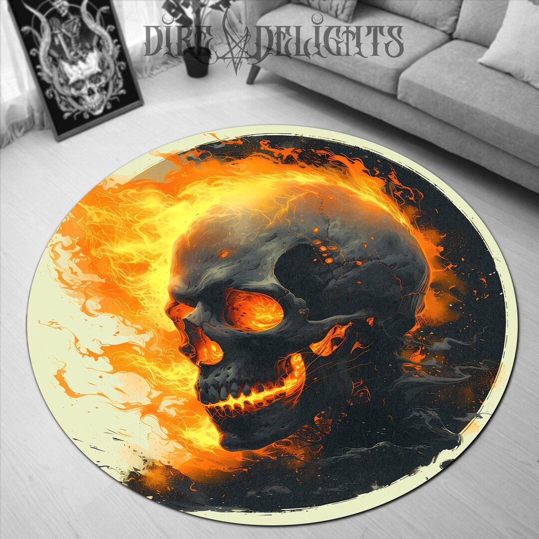 Grim Reaper With Flaming Skull Round Rug, Realistic Flaming Skeleton ...