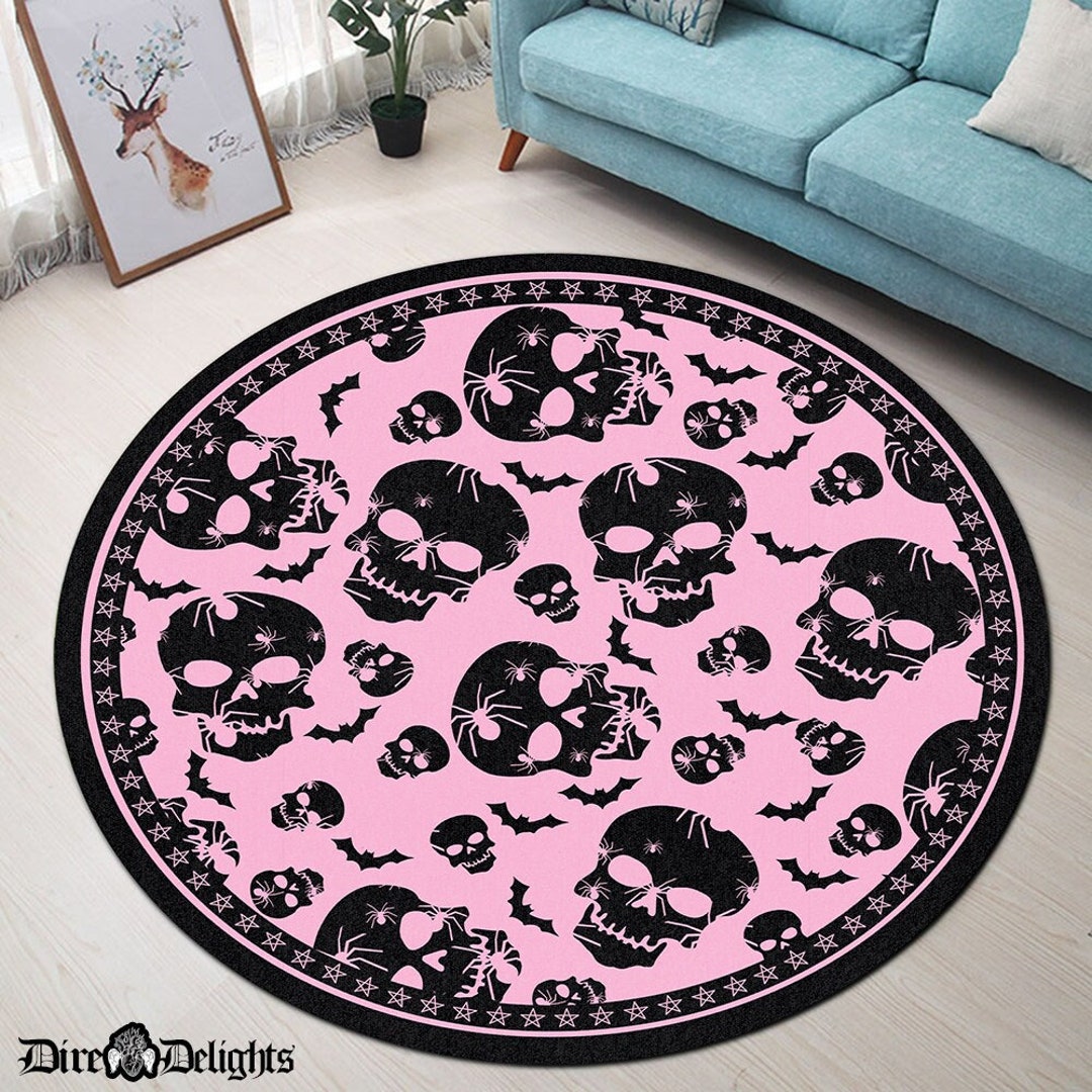 Skulls & Bats Pastel Goth Mat, Pastel Goth Pentagrams Frame Round Rug ...