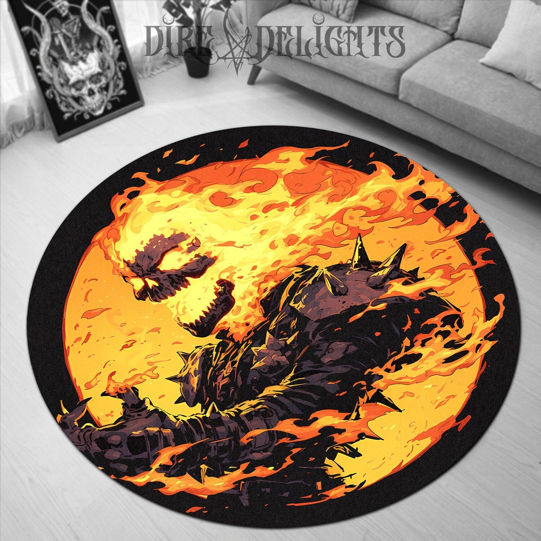 Fiery Spirit Skull Rider Round Rug, Hell's Flame Rider Floor Mat, Inferno Motorcycle Decor, Dark ...