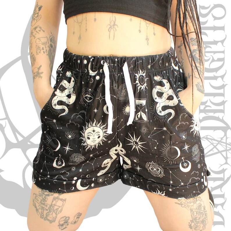 Celestial Goth Shorts, Witchy Snake Sun Moon Print,astronomic Goth ...