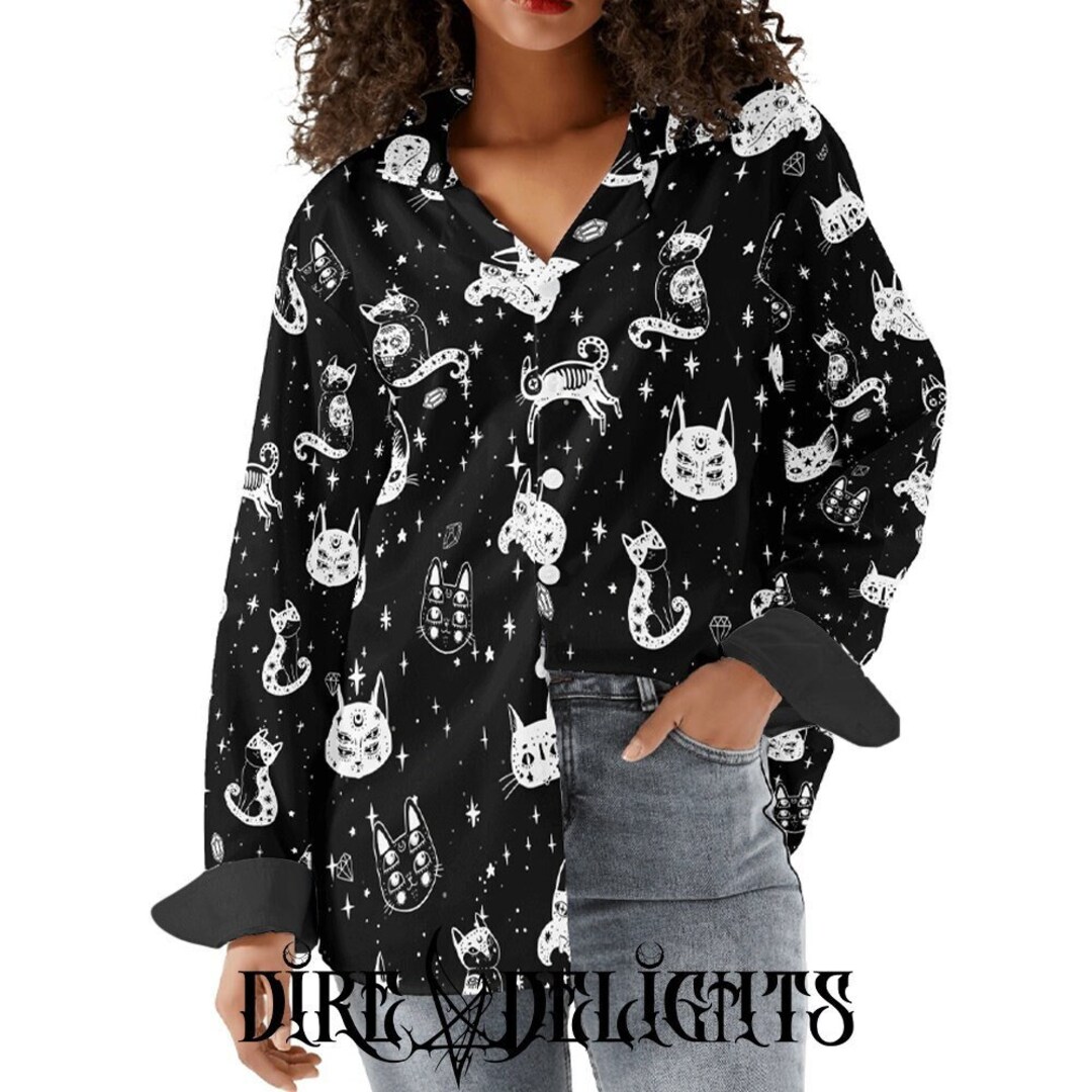 Celestial Cats Black Goth Long Shirt,death Cats and Runes Top,women's ...